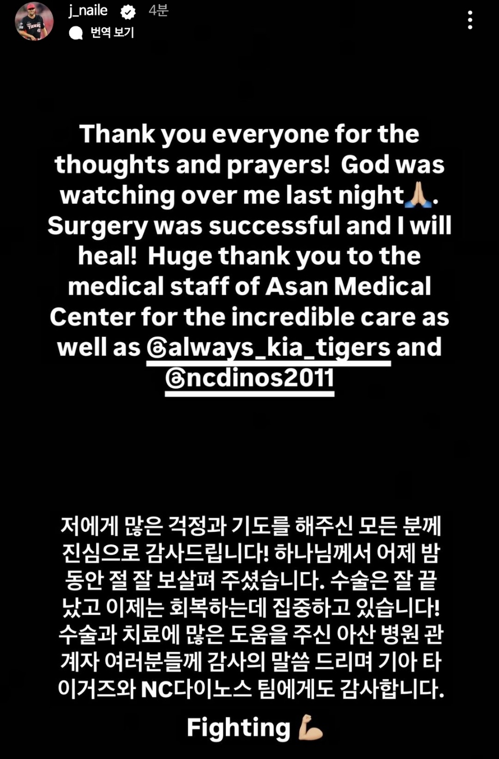 '불의의 부상→긴급 수술' 네일이 전한 메시지 "병원 관계자, KIA·NC에 감사…회복에 집중" - 나무뉴스