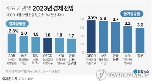 OECD, 내년 한국 성장률 전망 2.2%→1.8%로 낮춰…물가는 3.9%↑(종합) - 나무뉴스